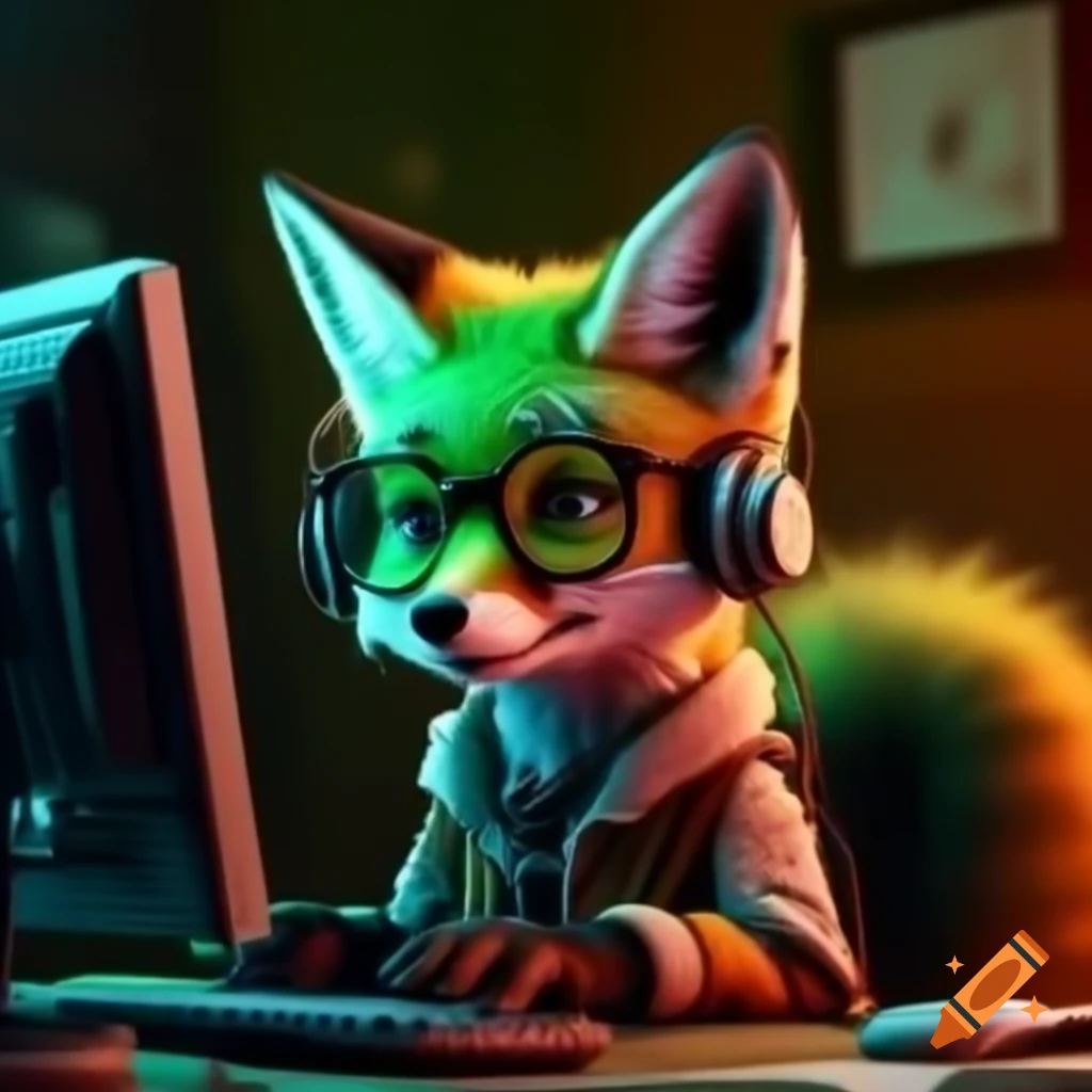 Stylish green-furred fox with spectacles and headset working on ...