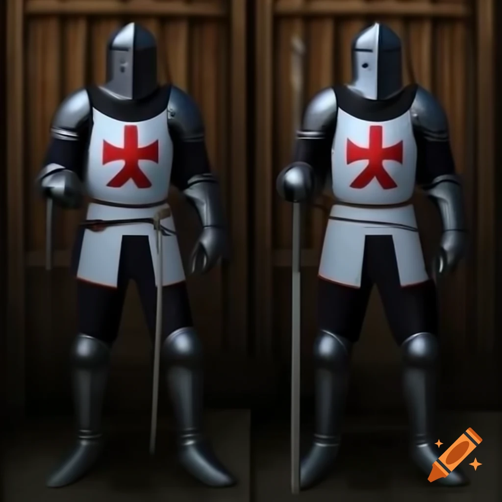 Two knights in contrasting armor standing side by side in front of ...