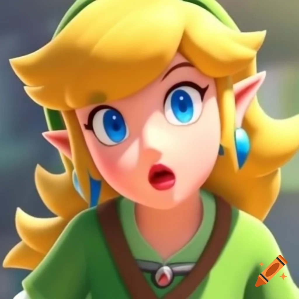 Character resembling link in green tunic with exaggerated makeup and hairstyle inspired by ...