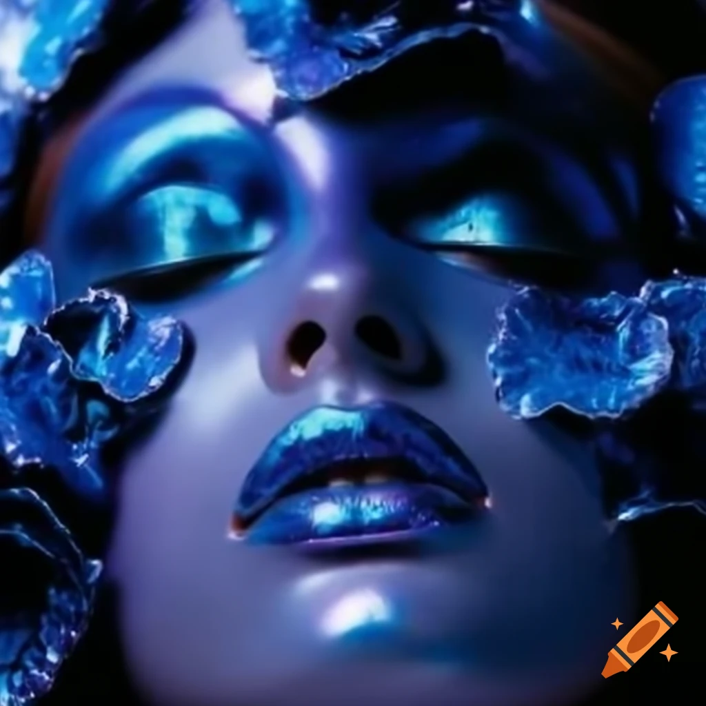Dreamy iridescent blue chrome statue in pop surreal photography on Craiyon