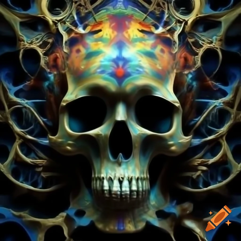Fractal art depicting a bright bone skull with occult themes on Craiyon