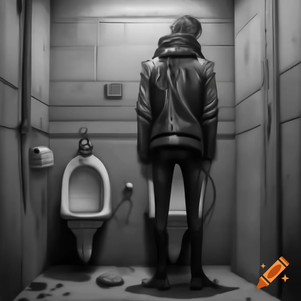 Pencil drawing of punk in leather jacket crying by urinal in bar ...