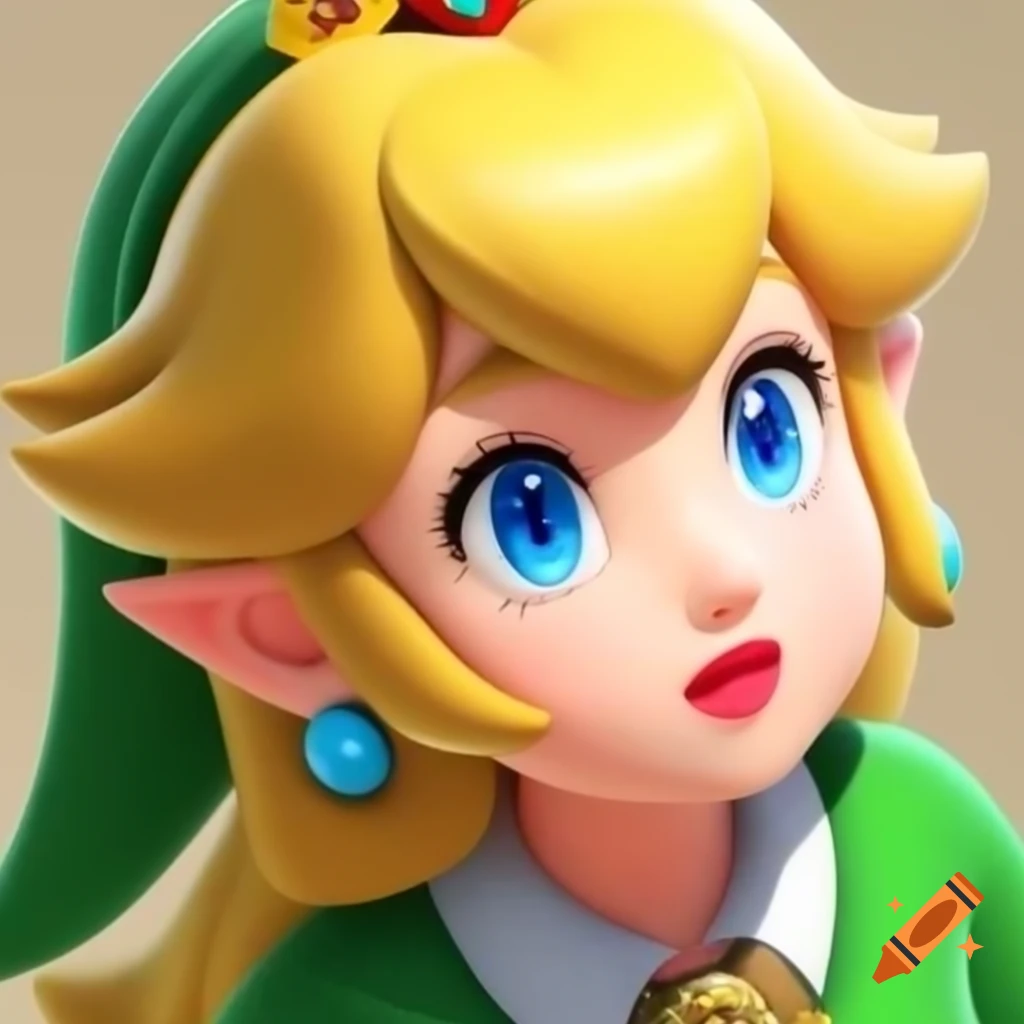 Closeup of Link in green tunic with Princess Peach's long blonde hair and bright makeup on Craiyon