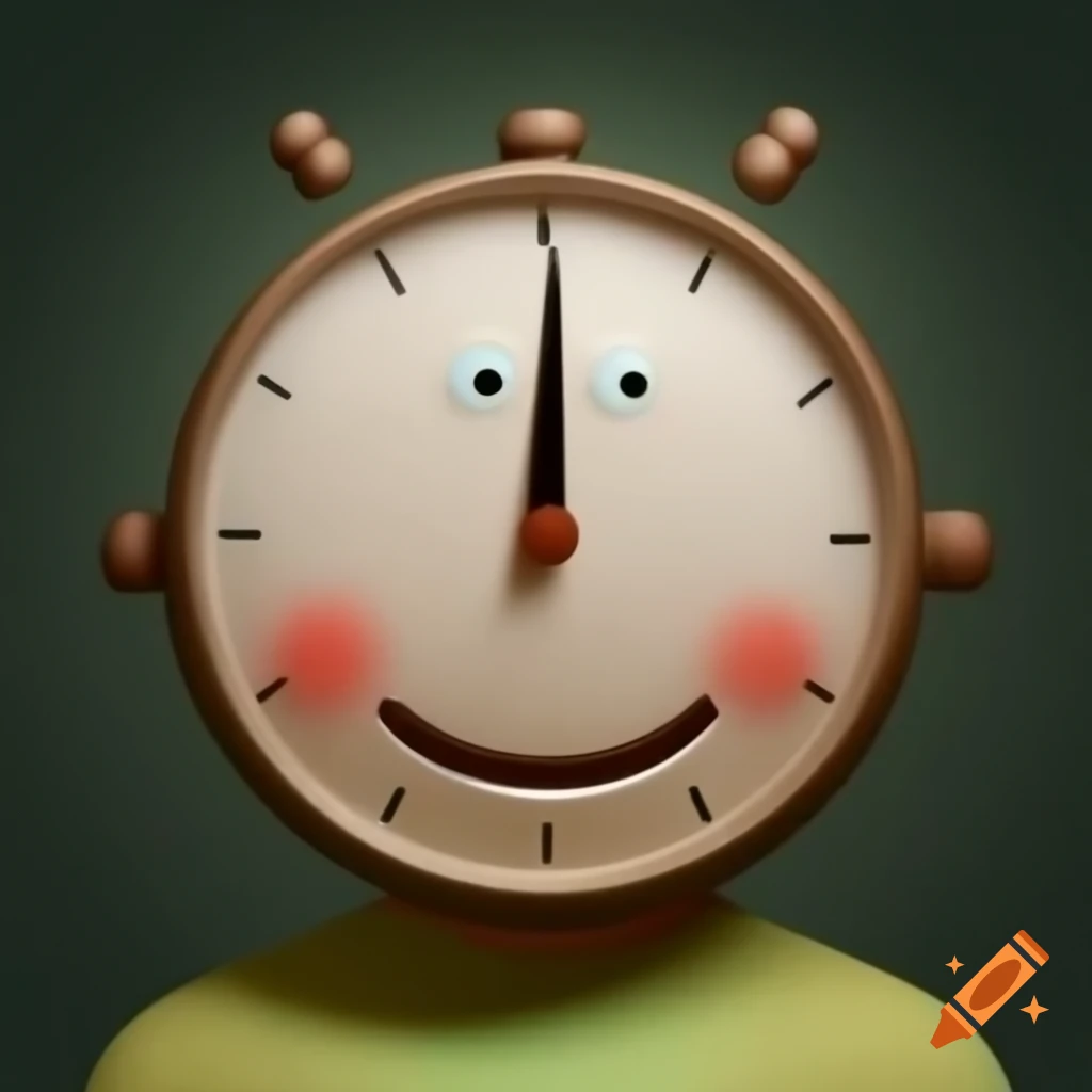 Whimsical cartoon figure with vintage clock face for a head, colored in ...