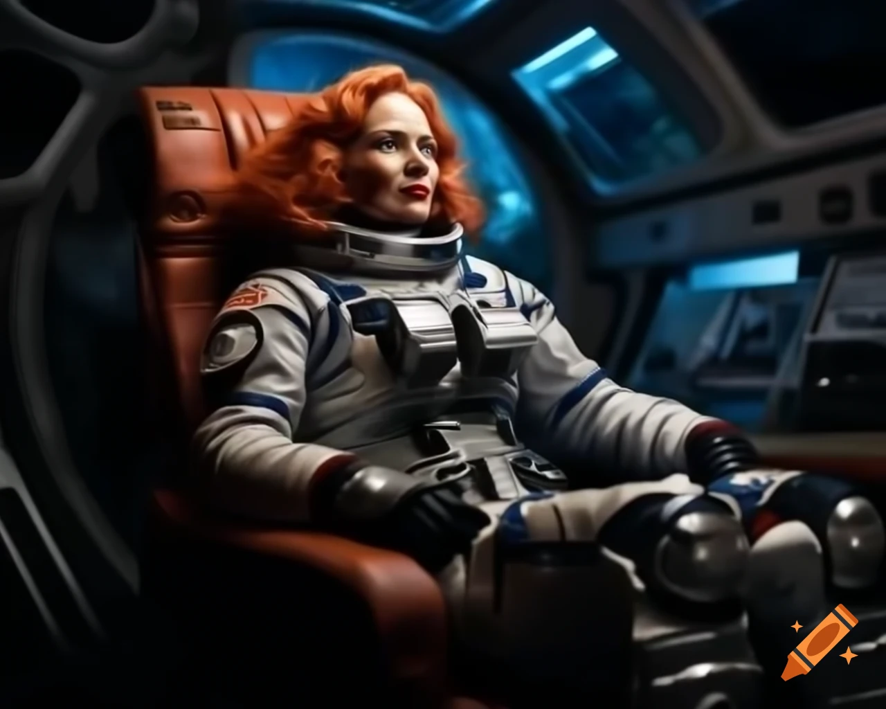 Photo realistic portrayal of woman astronaut with red hair in black ...
