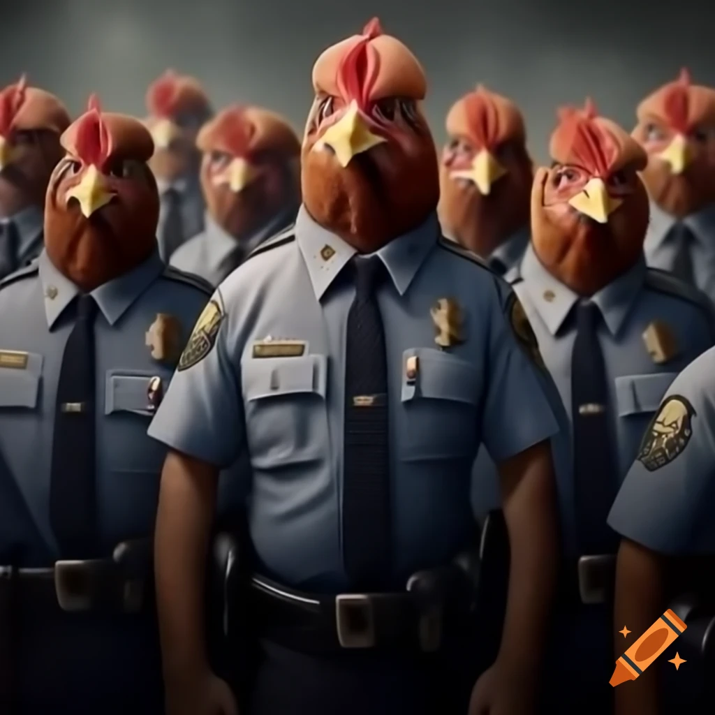 Muscle-bound chickens in police uniforms, serious expressions, barnyard ...