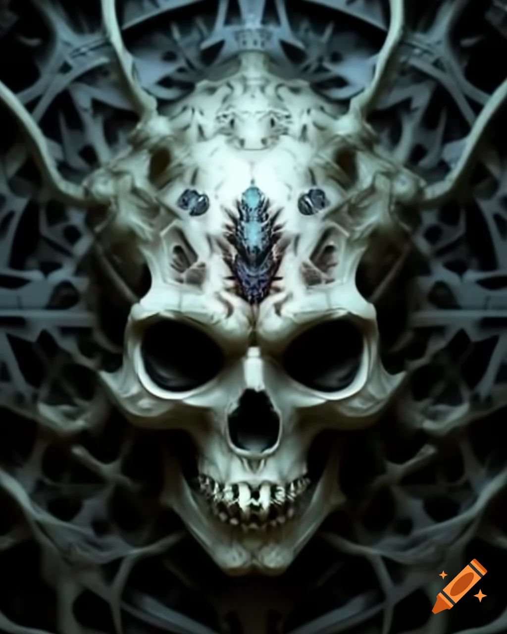 Bright white demon alien skull with dark occult symbols and biohazard ...