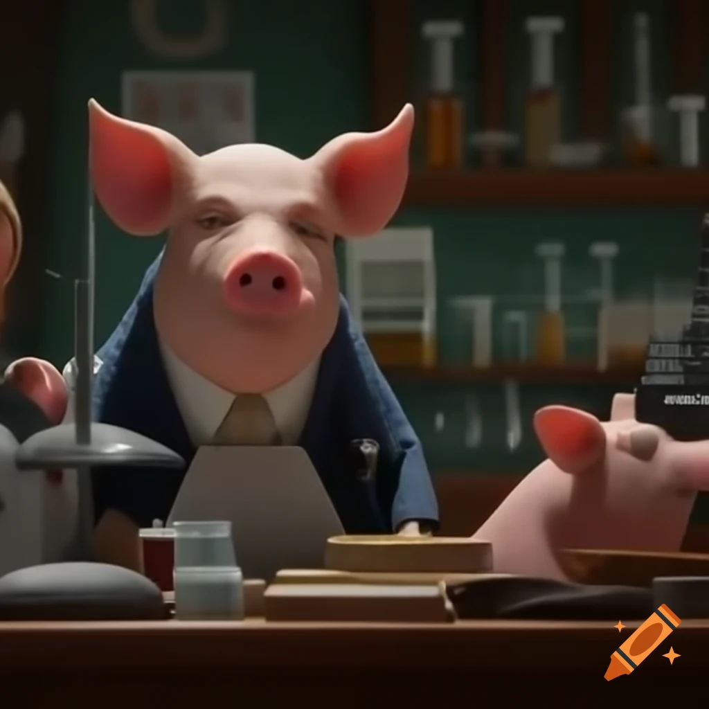 Mimes in a laboratory encountering pigs amidst comedic adventures on ...