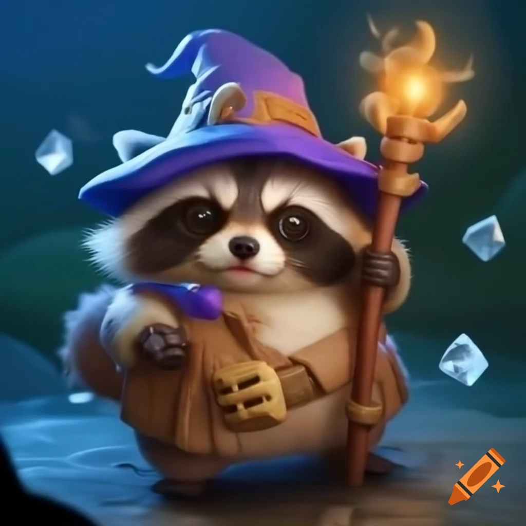 Chubby raccoon wizard casting spell with wand and floating crystals in ...