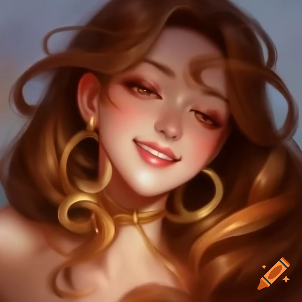 Anime girl with long brown curls and heart-shaped birthmark near her ...