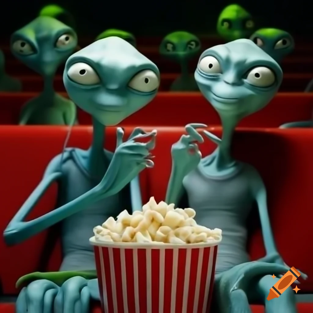 Aliens watching movie while eating popcorn on Craiyon