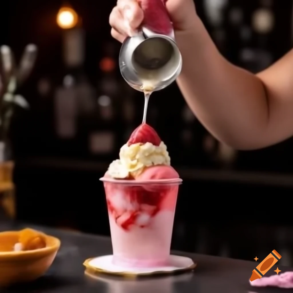 Bartender pouring strawberry drink with cream in Blade Runner style on ...