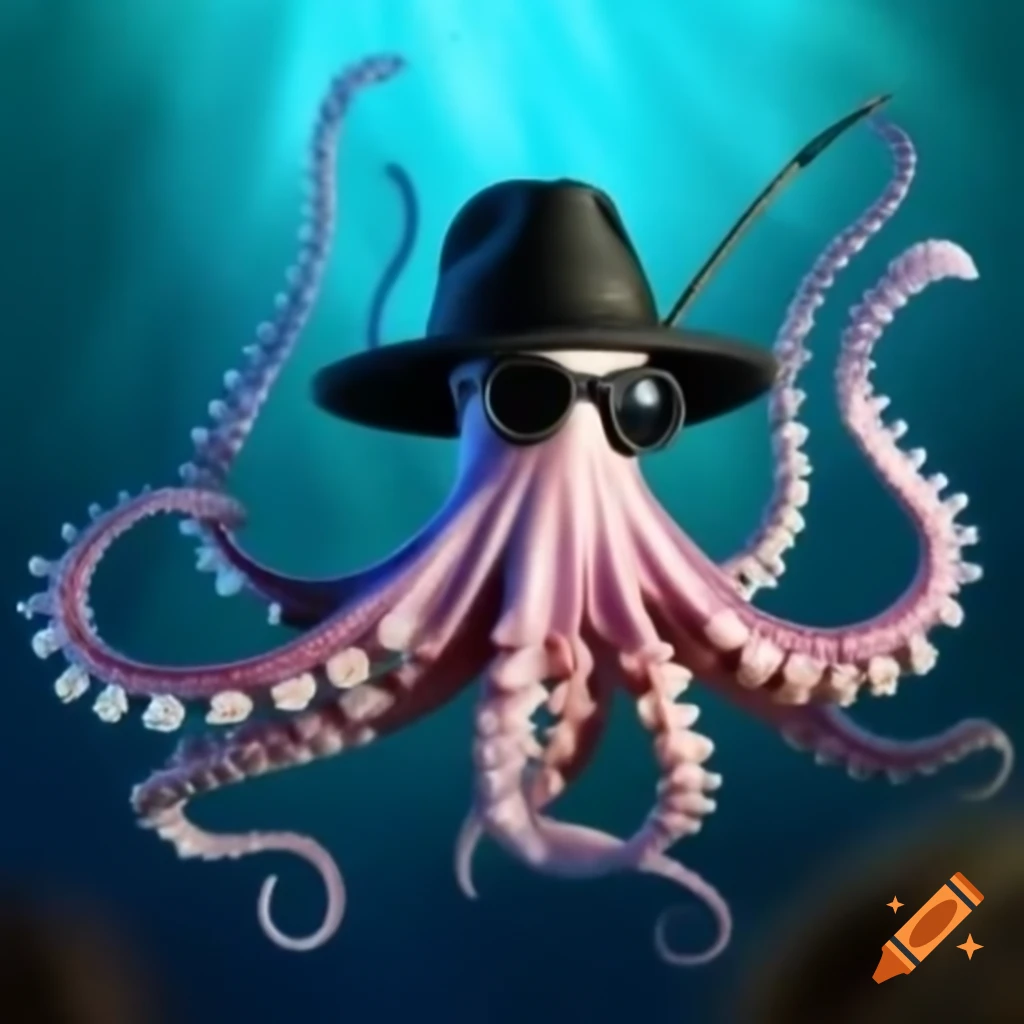Squid wearing sunglasses and black fedora swimming in the abyss with a drum on Craiyon