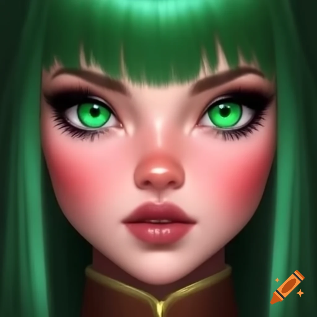 Female character with oval face, emerald green hair, and black skin on ...