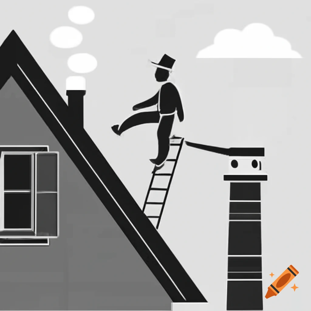 Chimney sweep walking on roof with ladder, simplistic black and white ...