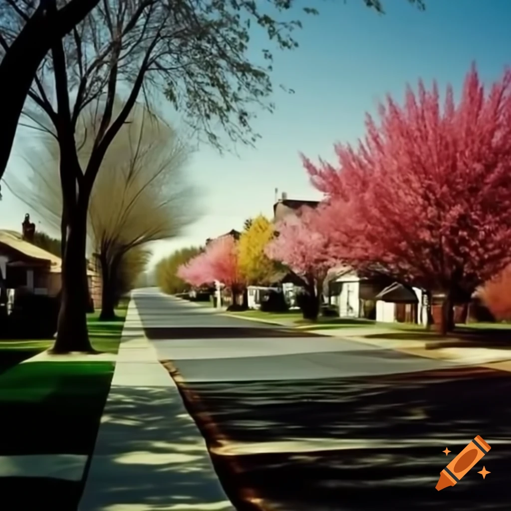 Liminal space corner street in suburb with bright spring colors and ...