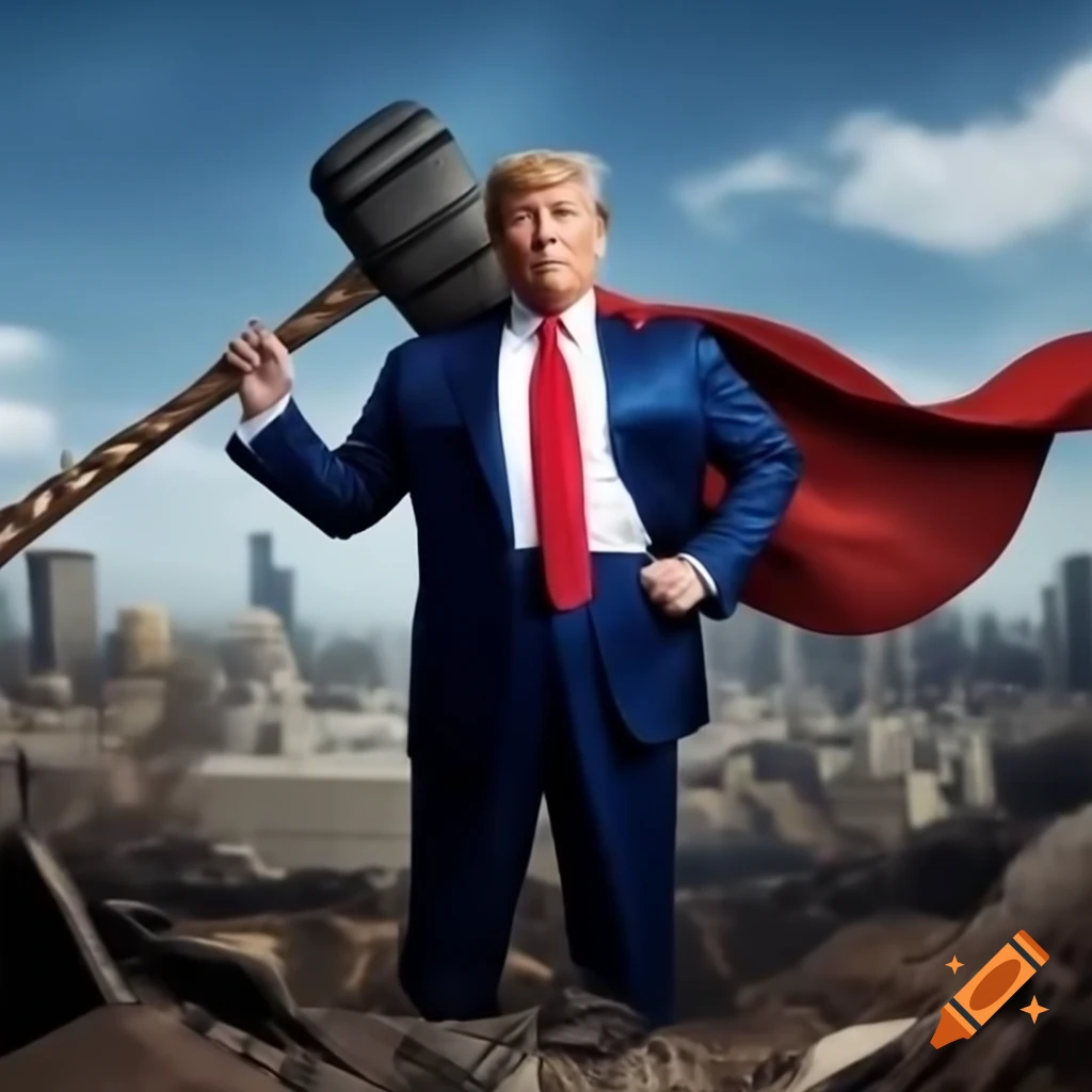 Trump depicted as superman wielding a giant hammer on Craiyon