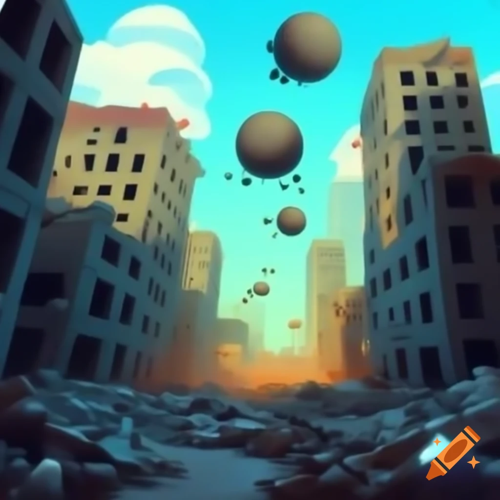 Cartoon-style depiction of a semi-destroyed city with falling bombs on ...