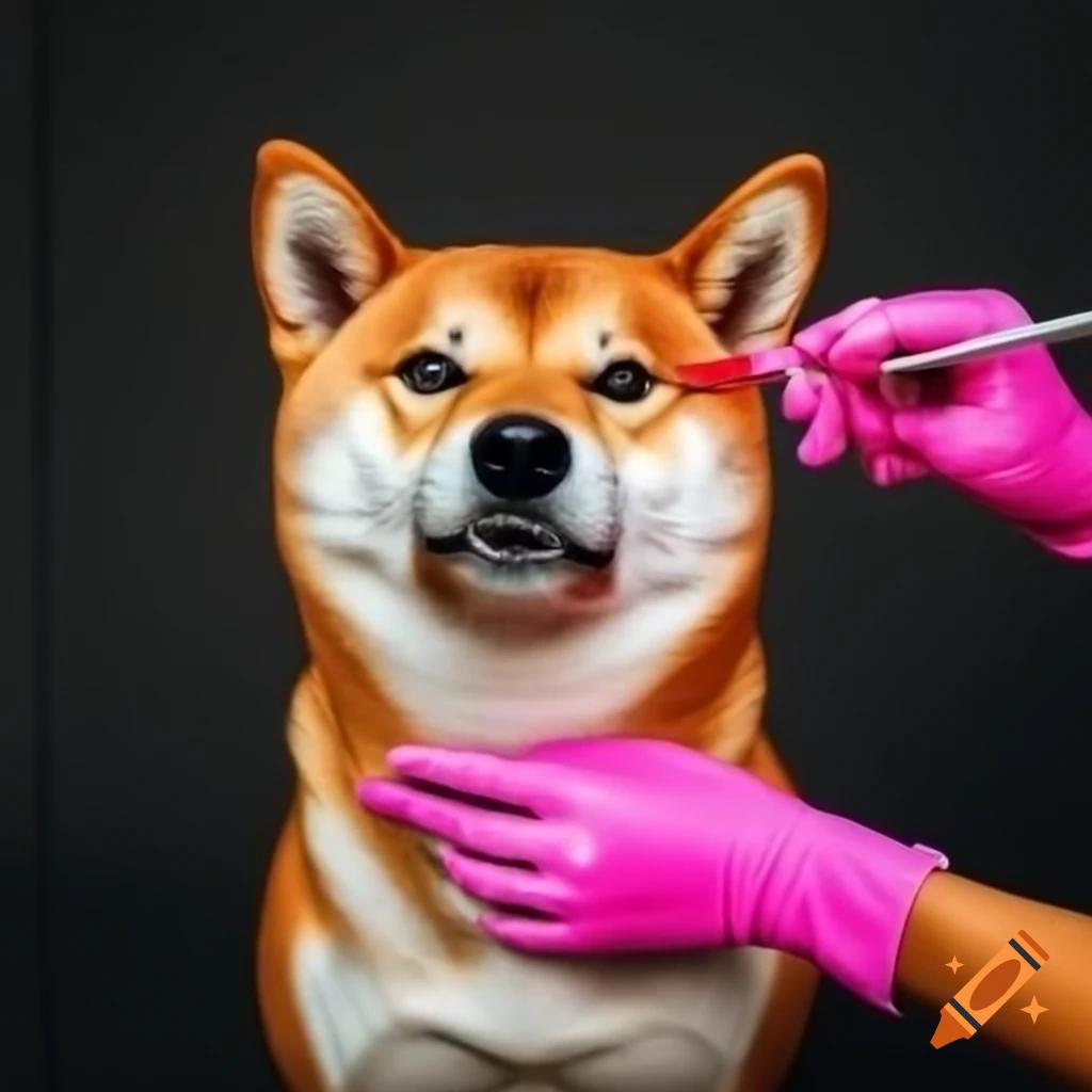 Shiba Inu having fur painted with glossy pink lacquer on Craiyon