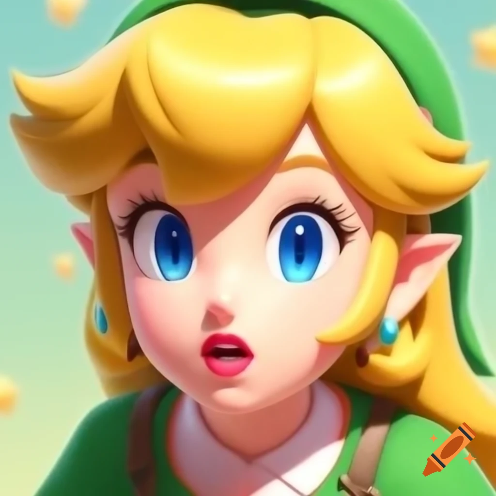 Closeup of Nintendo character Link in green tunic with Princess Peach's hairstyle and makeup ...