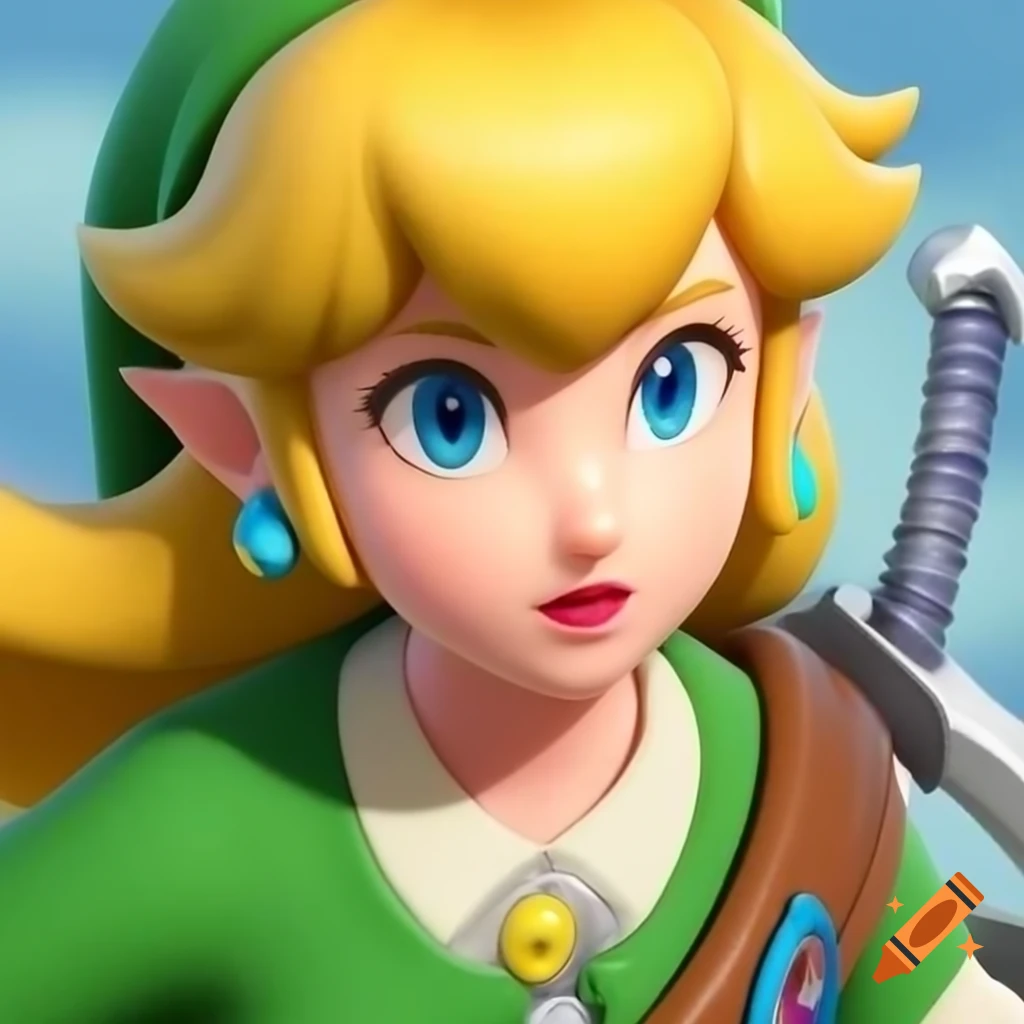 Closeup of Link in green tunic with Princess Peach's long blonde hair and bright makeup on Craiyon