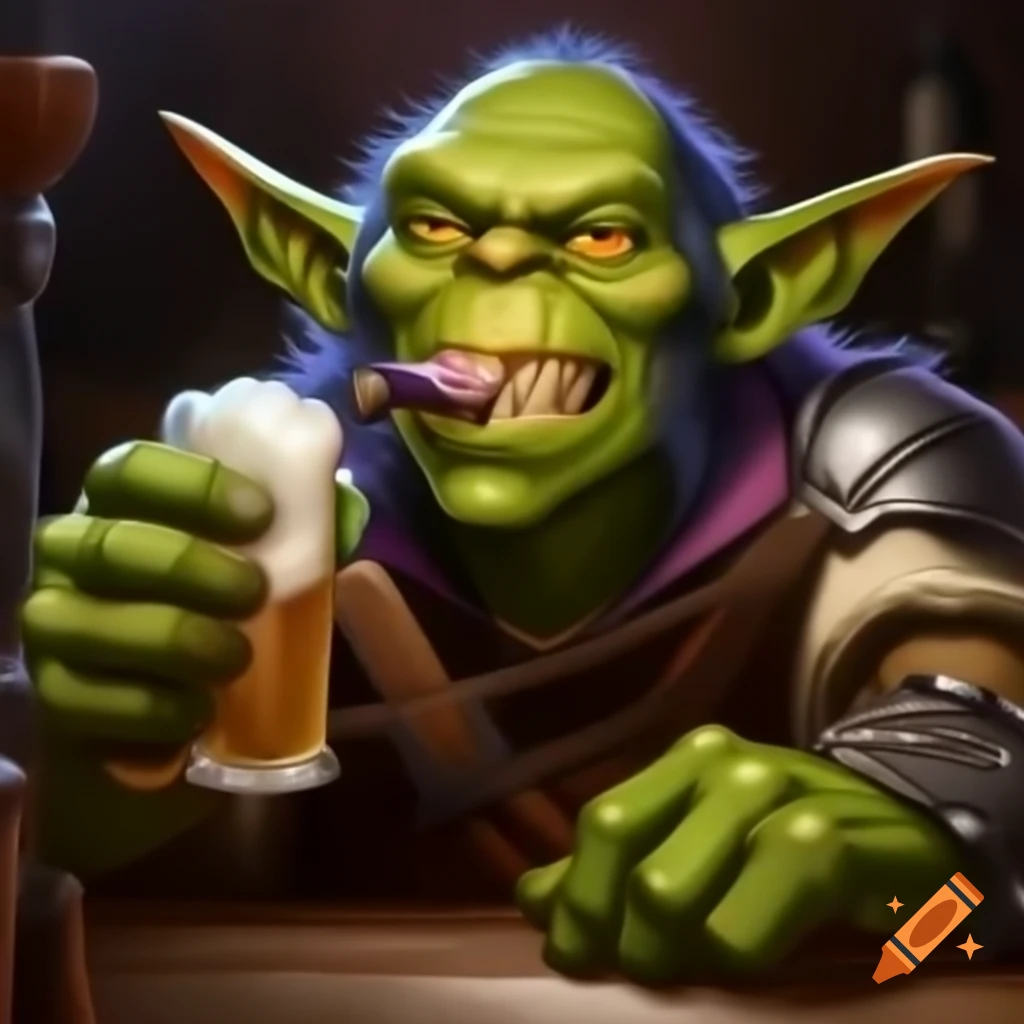 Goblin bartender serving beer to knight in tavern setting on Craiyon
