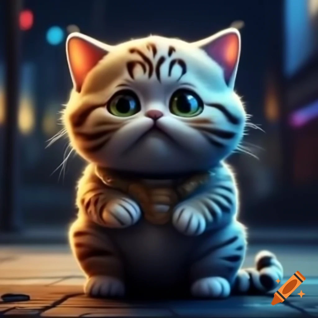 Cartoon cats in colorful city, one happy and one lost in thought on Craiyon