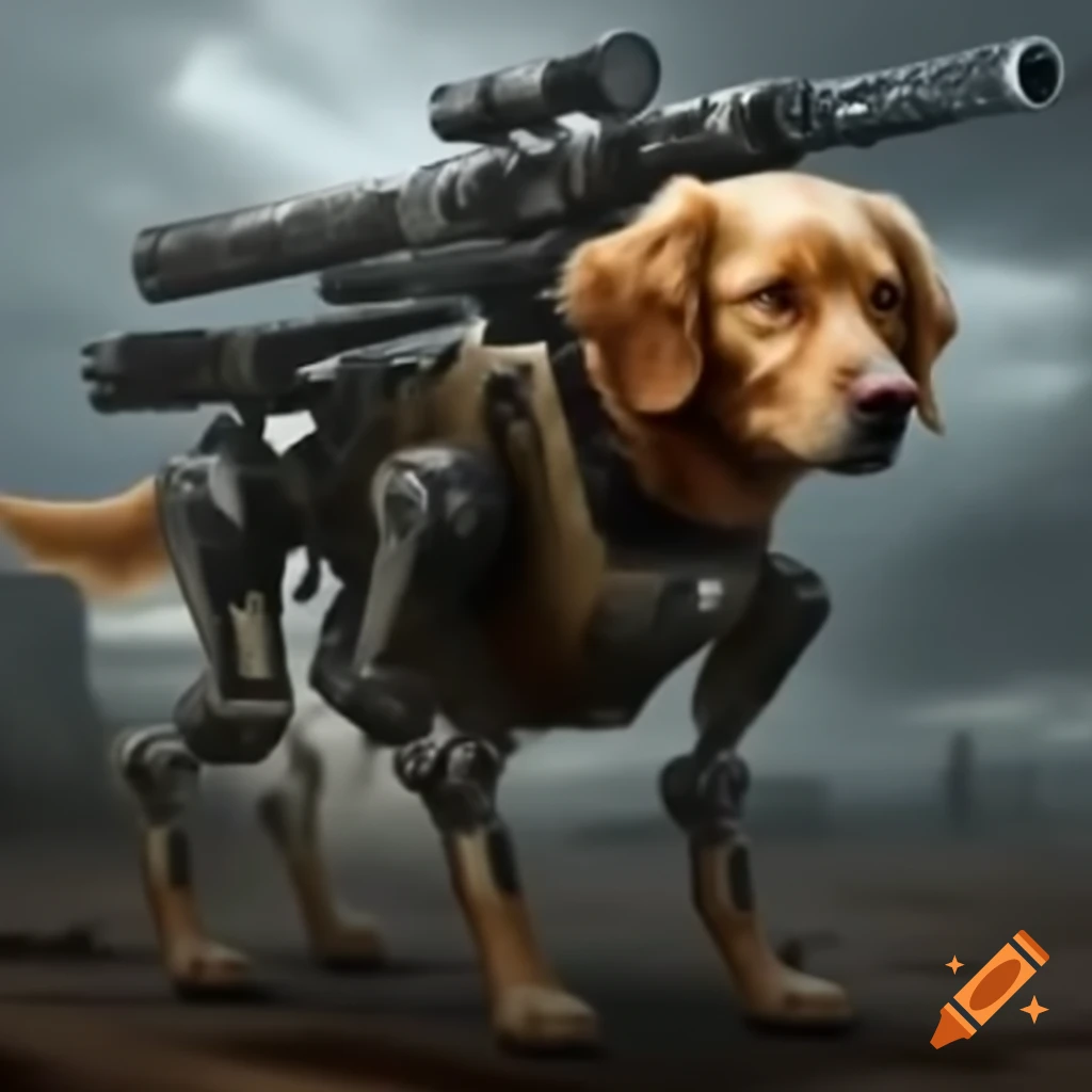 Golden retriever in robotic exoskeleton aiming sniper rifle on Craiyon