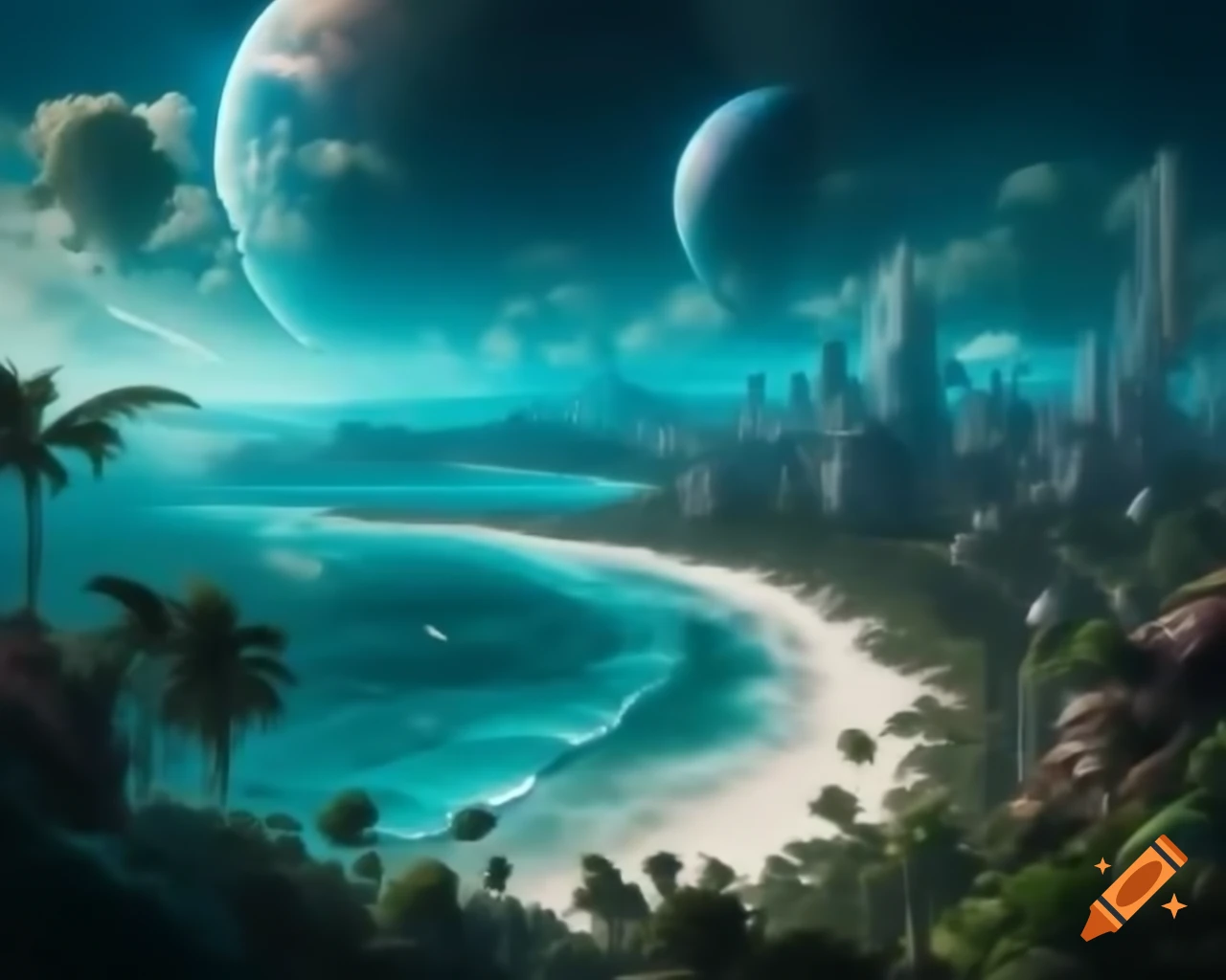 Vibrant alien landscape with tropical colors, beach, and faint ...