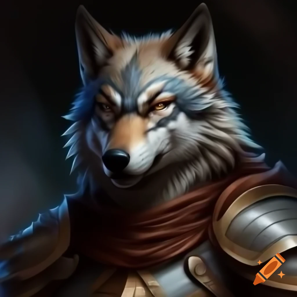 Humanoid wolf character in armor portrait on Craiyon