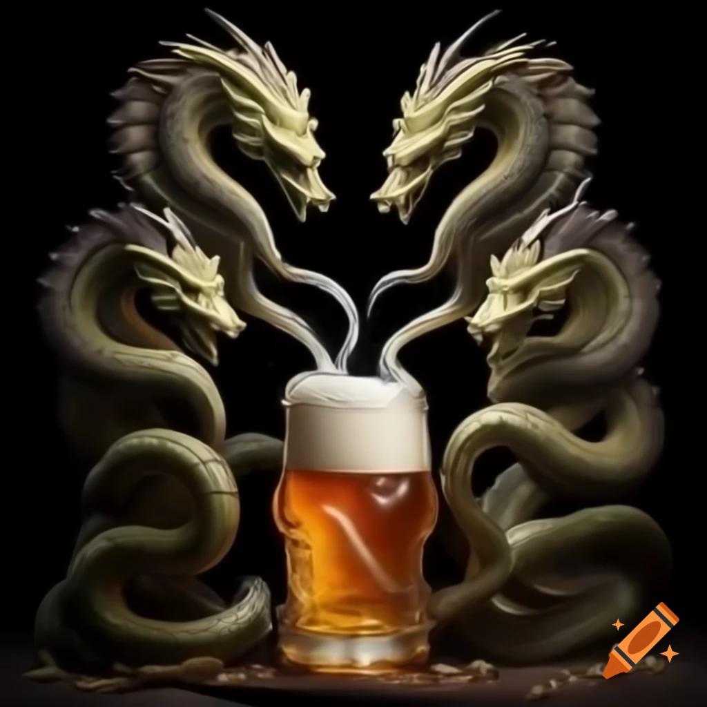 Mythical hydra entwined, drinking from foaming tankard of ale on Craiyon