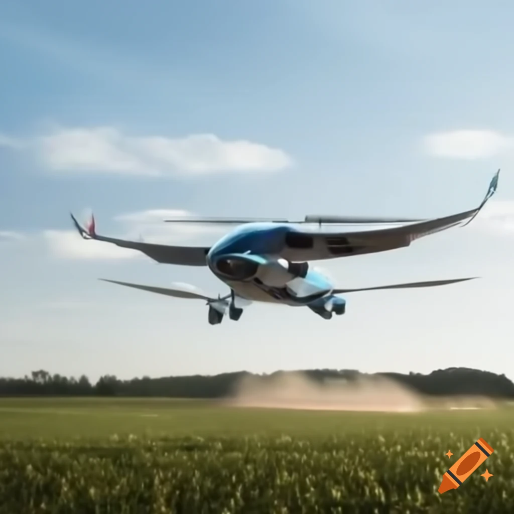Futuristic eVTOL aircraft taking off from a farm on Craiyon