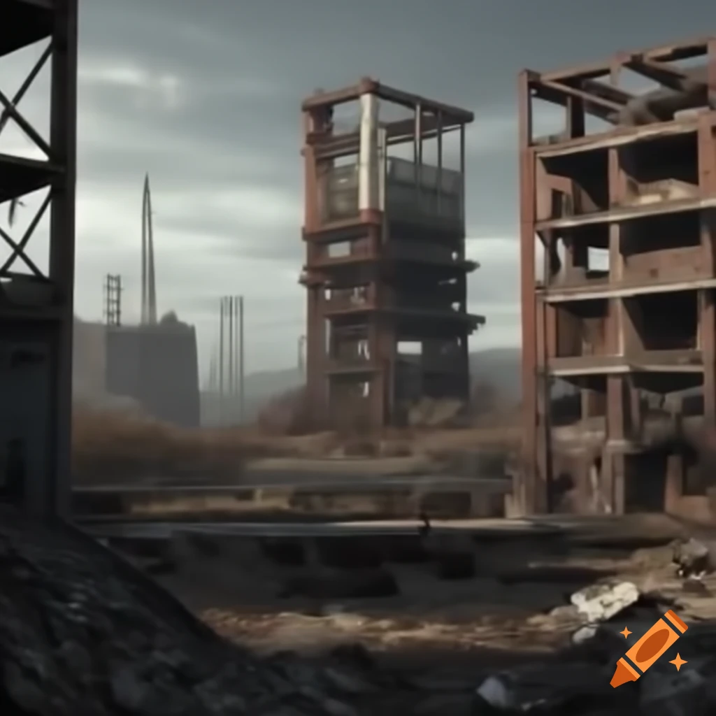 Steampunk derelict district with concrete and rusty steel buildings in ...