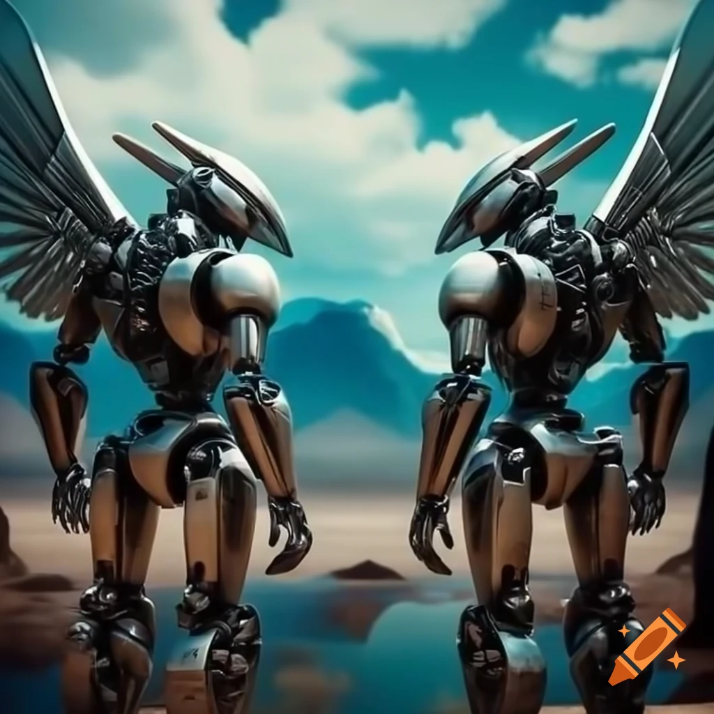 Two male stainless steel robots with wings in dystopian cyberpunk ...
