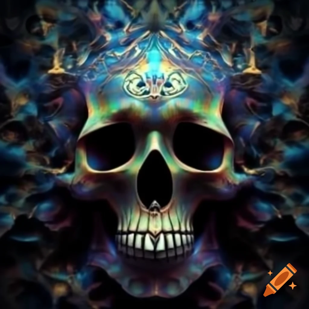 Fractal art depicting a bright bone skull with occult themes on Craiyon