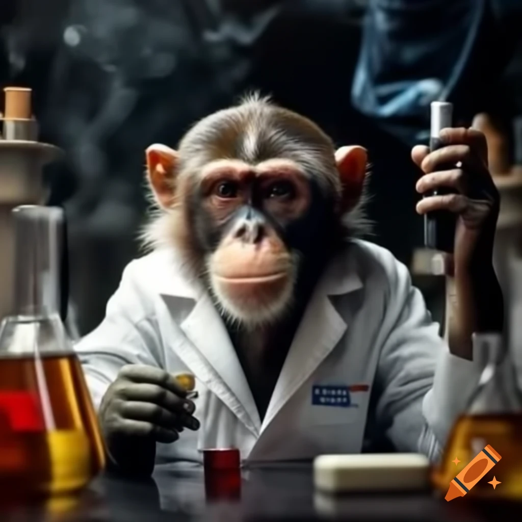 Funky monkey in laboratory creating vape potions on Craiyon