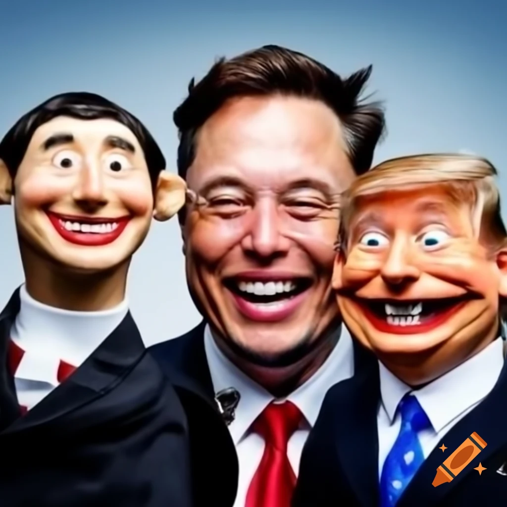 Elon musk with hand puppets of donald trump and pierre poilievre ...
