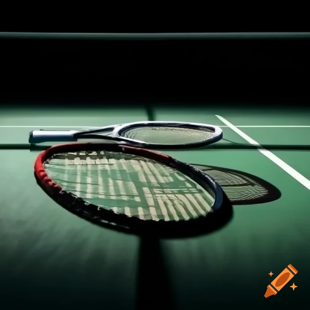 Yonex tennis racket with broken string on court in gray light on Craiyon