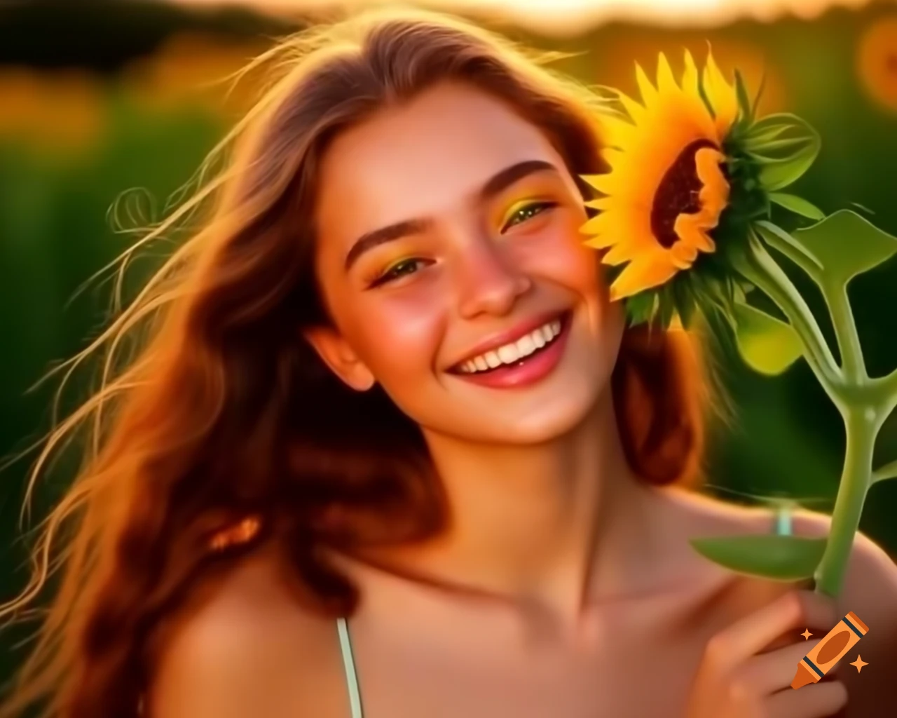 Young woman with sunflower in hair smiling warmly at the camera on Craiyon
