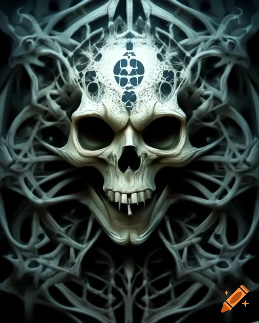 White demon alien skull with occult symbols and biohazard fractal ...