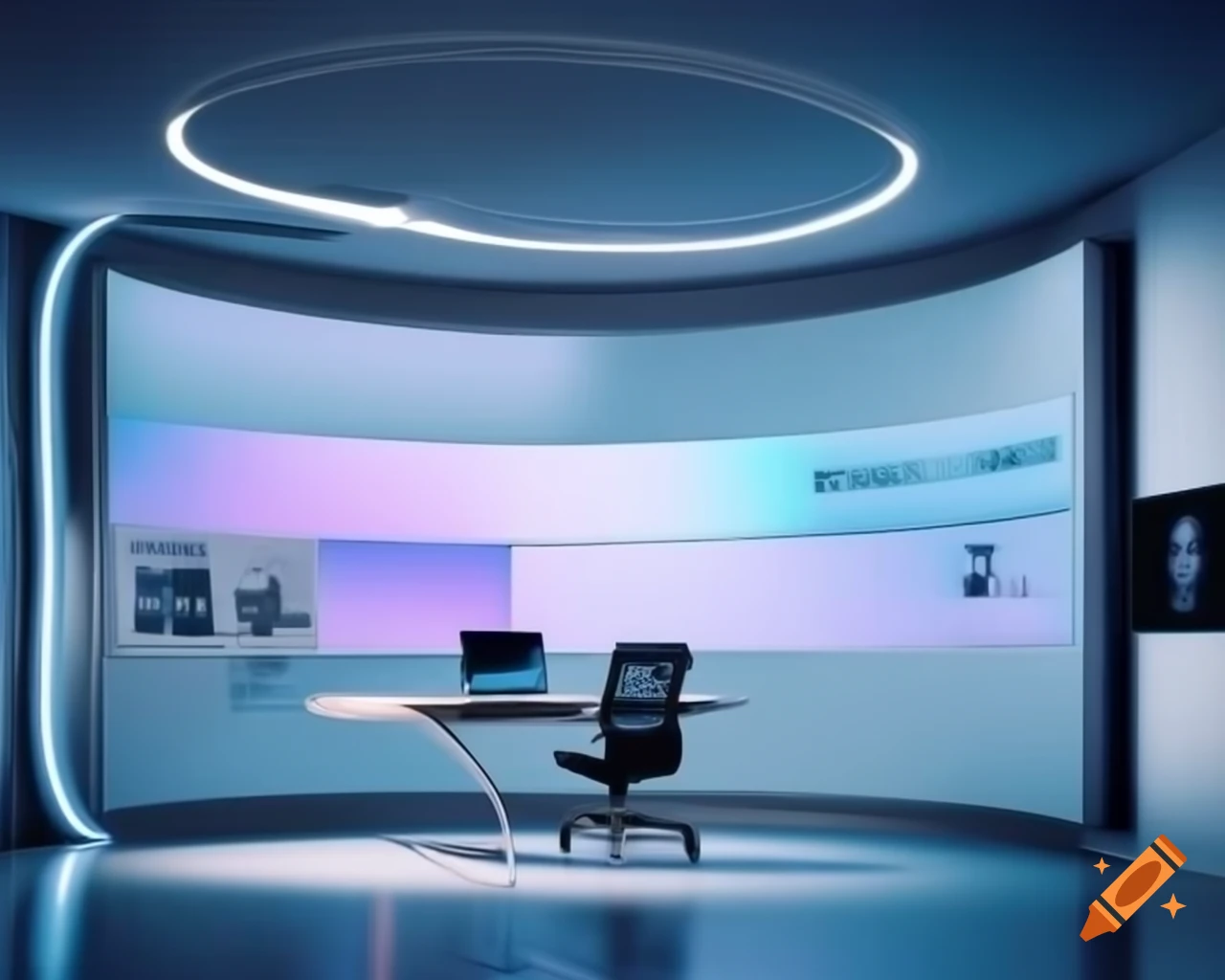 Modern workspace with floating screen and minimalist user interface in ...