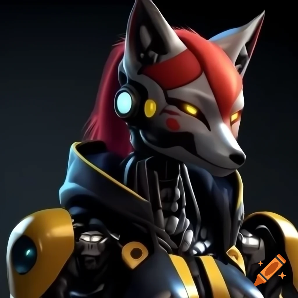 Futuristic female robot character with red hair and sleek fox mask on ...