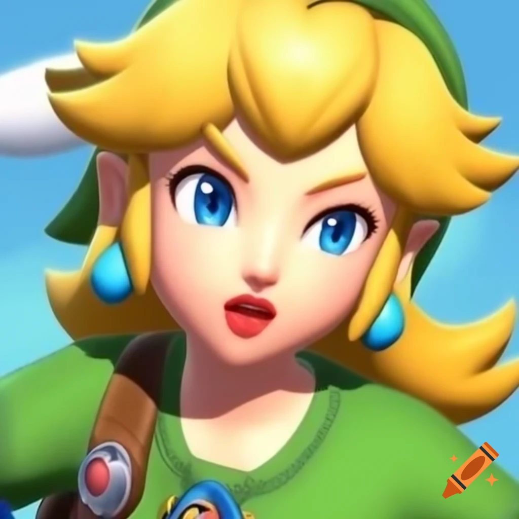 Closeup of link in green tunic and princess peach with long blonde hair and bright makeup on Craiyon