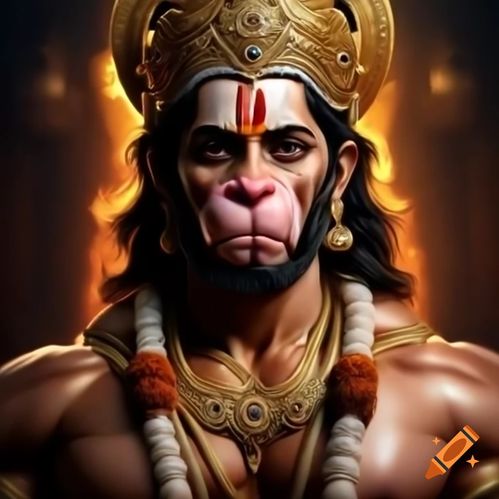 Close-up portrait of Lord Hanuman exhibiting strength and compassion on ...