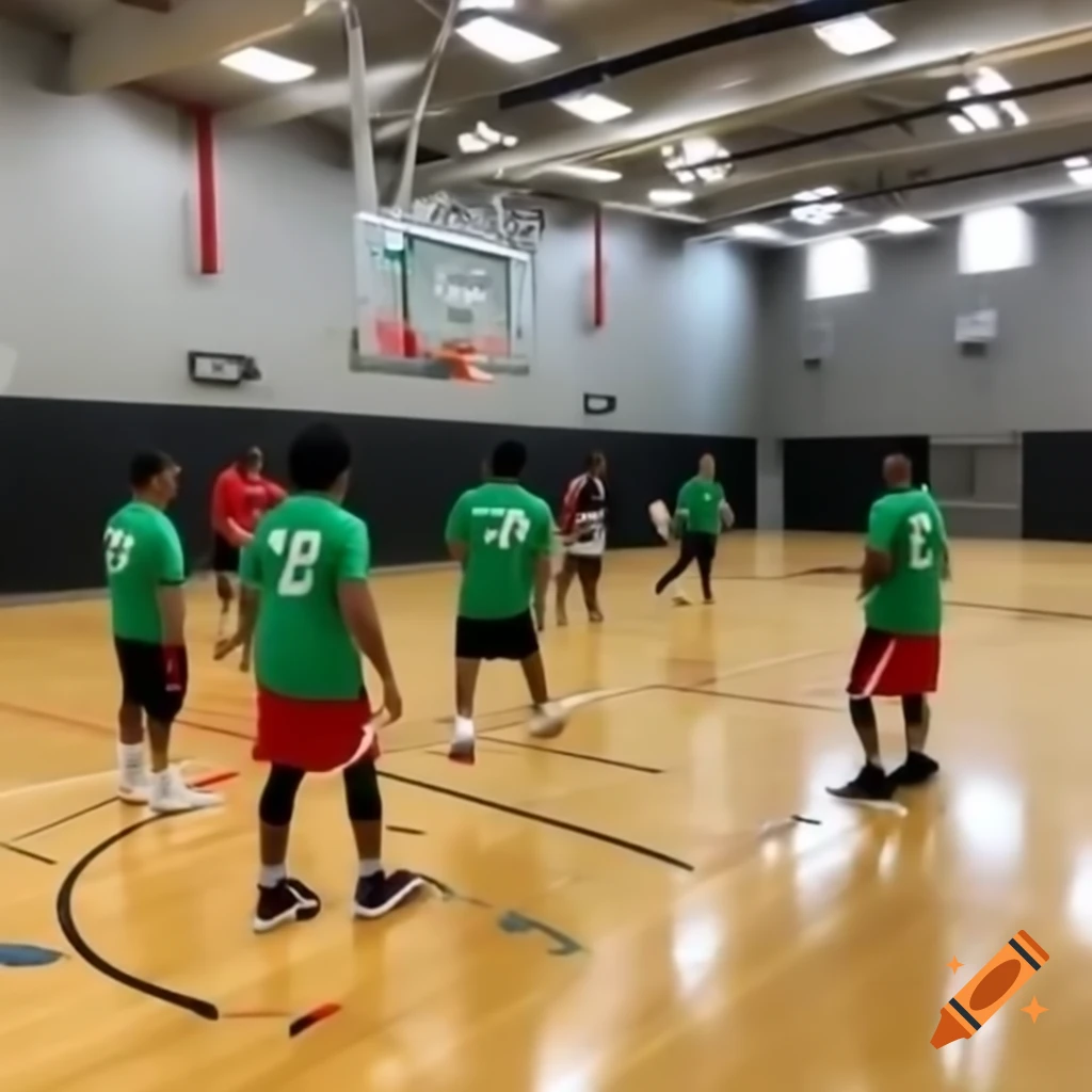 Basketball physical education lesson with 8 players in green and red ...
