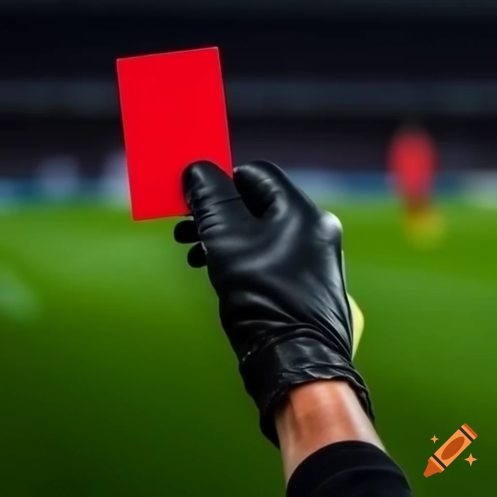 Referee's hand in black leather glove holding red card in soccer on Craiyon