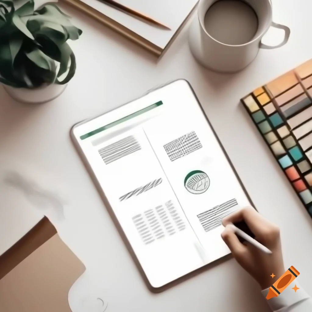 Digital artist sketching minimalist UI design on tablet in cozy studio ...