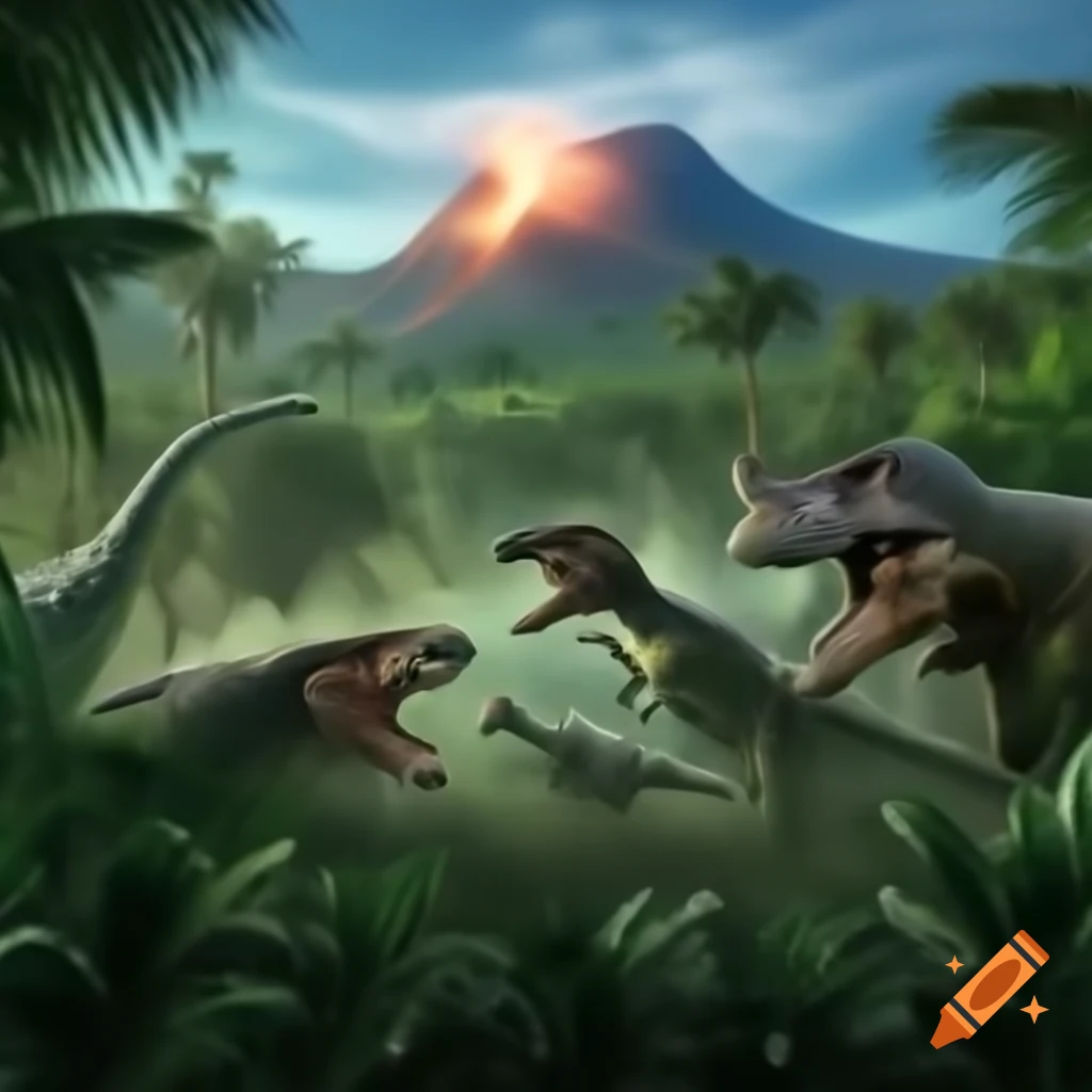 Dinosaurs running through jungle as meteor explosion occurs in ...