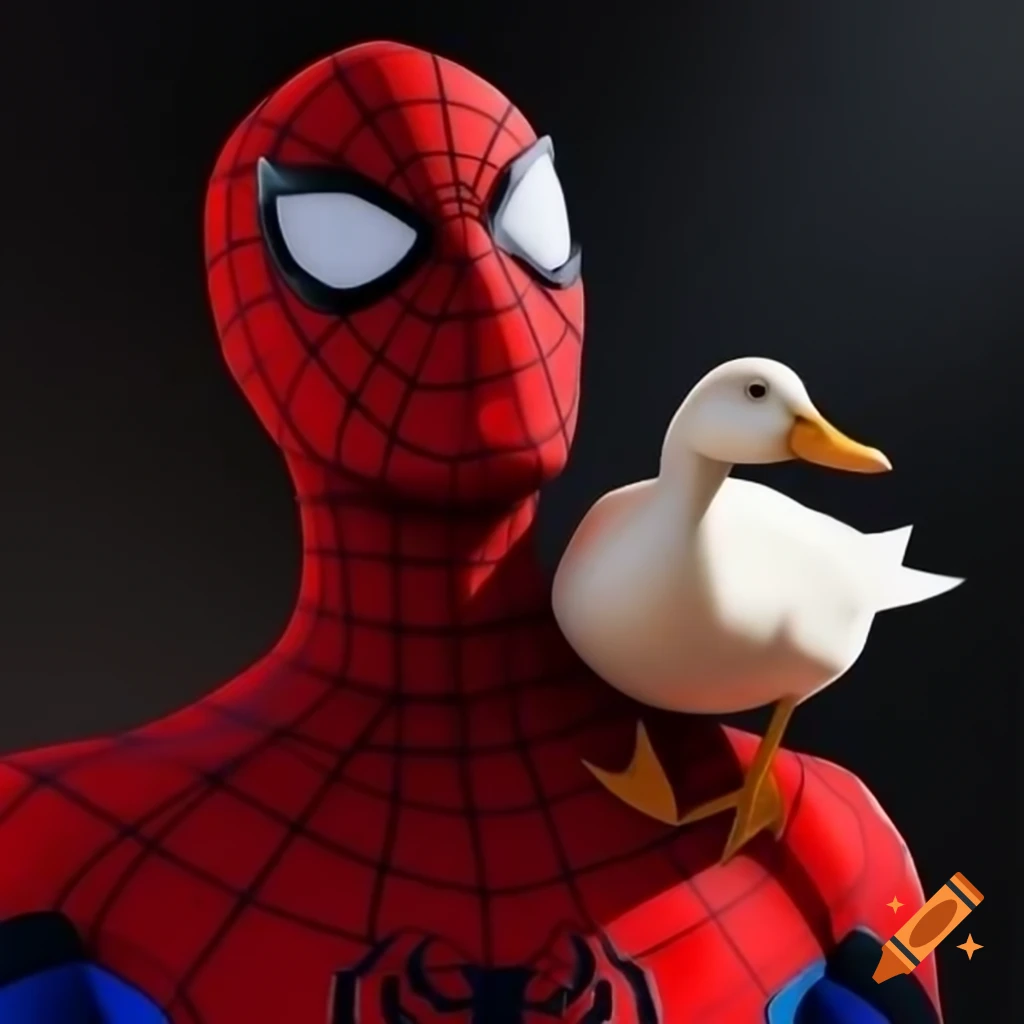 Spider-man alongside a duck dressed in spider-man costume on Craiyon