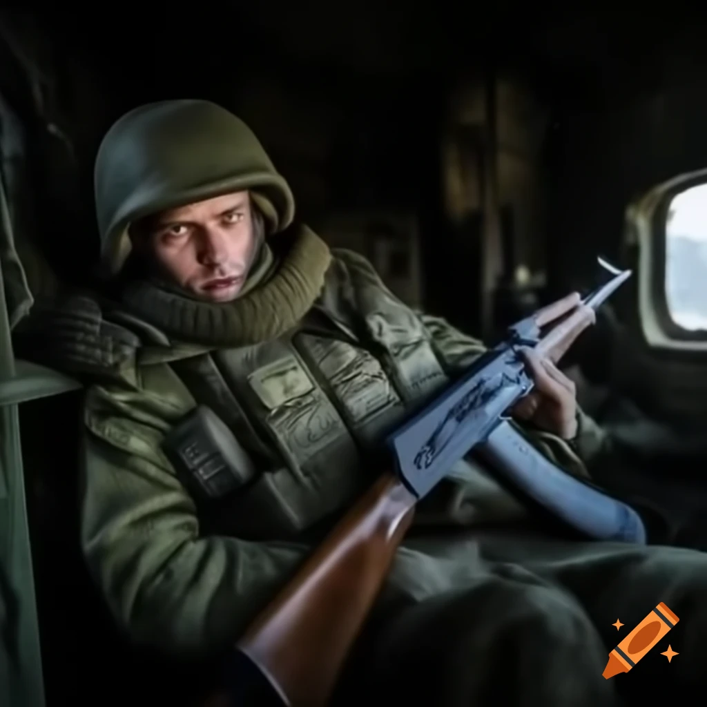 Soldier in Russian combat gear resting in Soviet military truck with AK ...